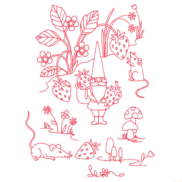 Magical Gnome Scene - Picking Strawberries (Redwork) – Embroidery Library