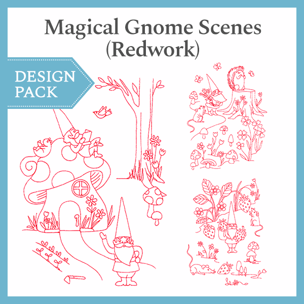 A Magical Gnome Scene (Redwork) Design Pack – Embroidery Library