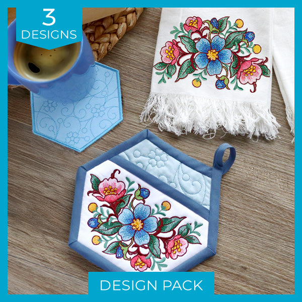 Potholder, Coaster & Blooms Design Pack – Embroidery Library
