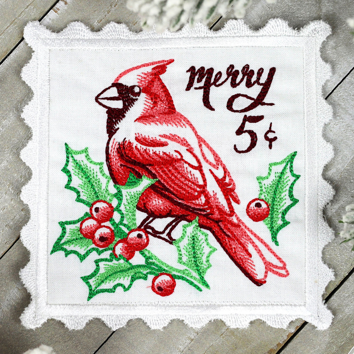 Lace Edge Cardinal Stamp Coaster (In-the-Hoop) – Embroidery Library