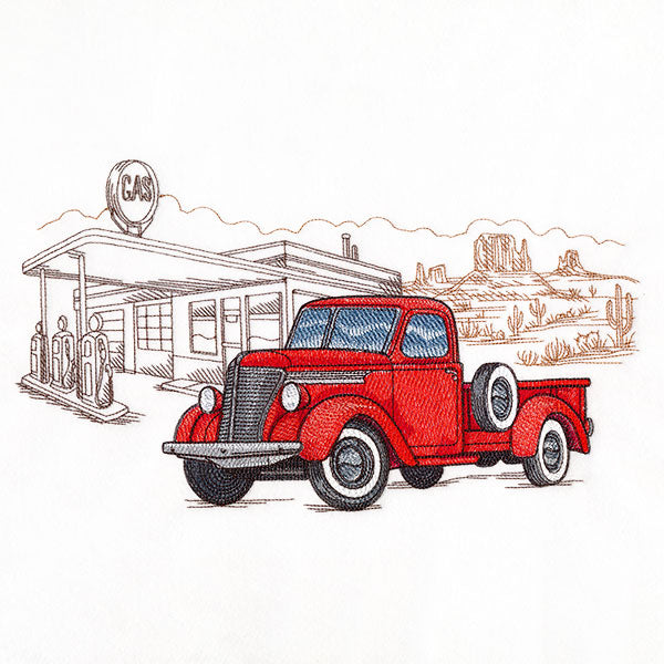 Through the Desert Retro Truck Gas Station Scene – Embroidery Library