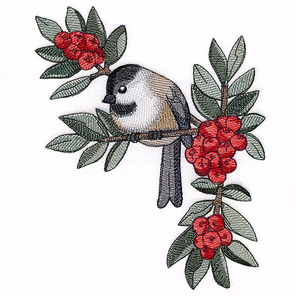 Chickadee with Winter Berries Corner (Right) – Embroidery Library