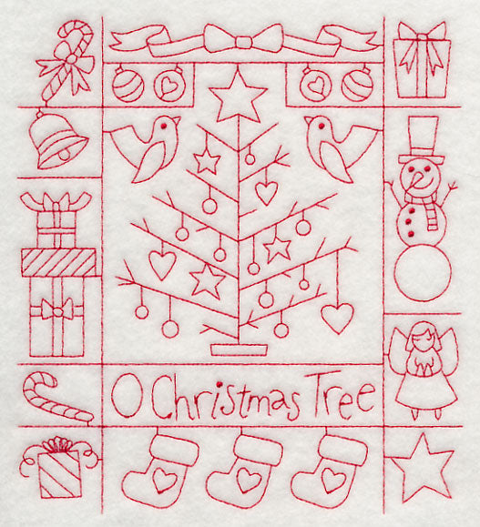 O Christmas Tree Shadow Box (Redwork) – Embroidery Library