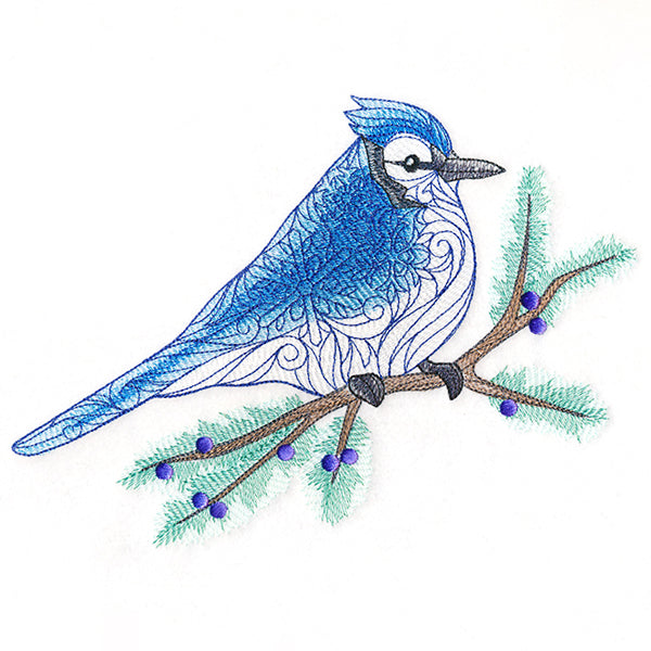 Filigree Blue Jay on Juniper – Embroidery Library