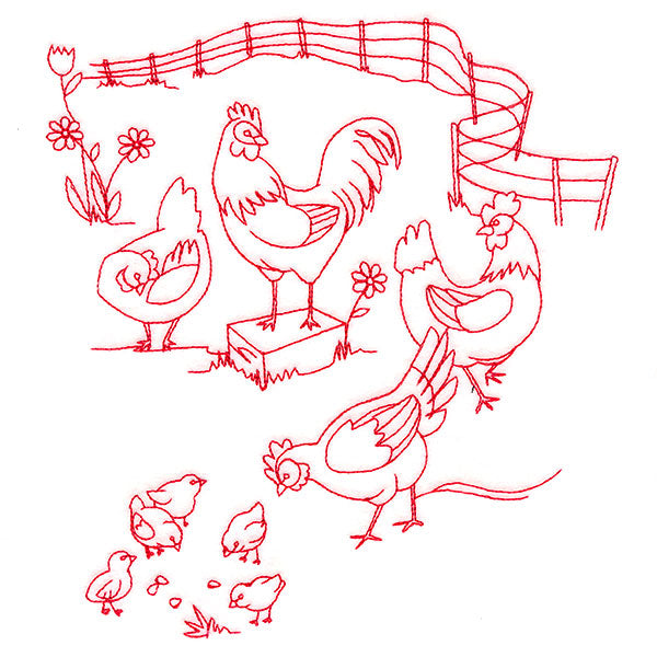 Classic Farm Scene - Chickens (Redwork) – Embroidery Library