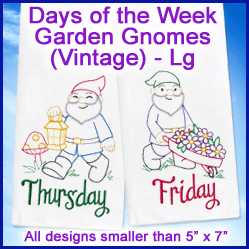 A Days of the Week Garden Gnomes (Vintage) Design Pack – Embroidery Library